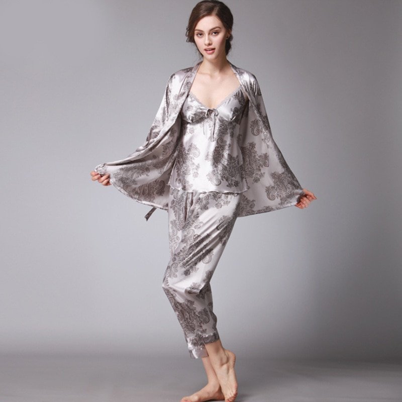 3 Pieces V-Neck Women Pajamas Set , Elegant Print Long Sleeve Pajamas ...