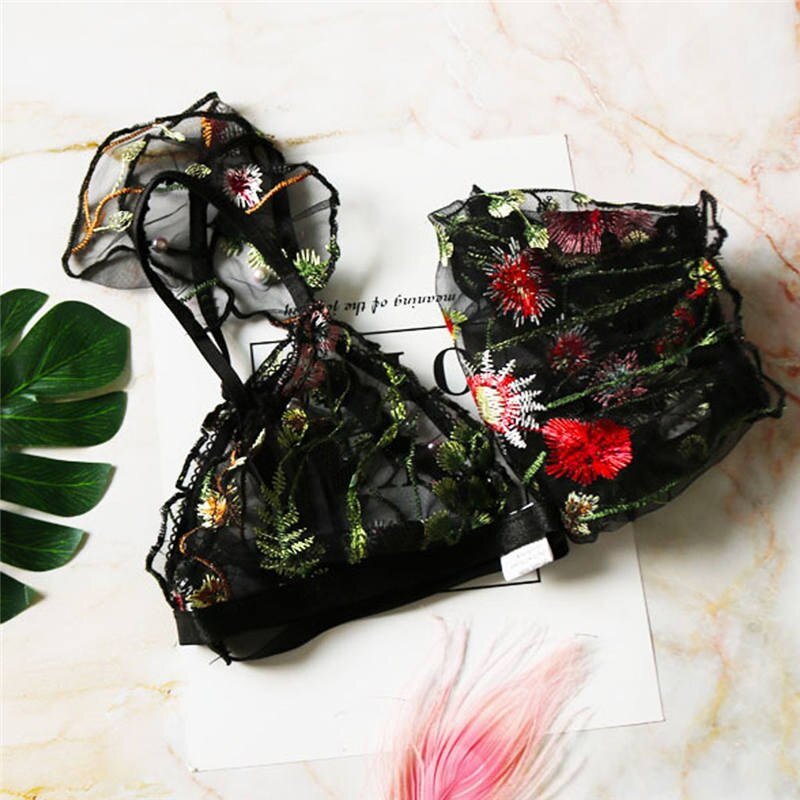 Lingerie Sexy Bra Set, Women Flower Embroidery Sling Lace Underwear ...