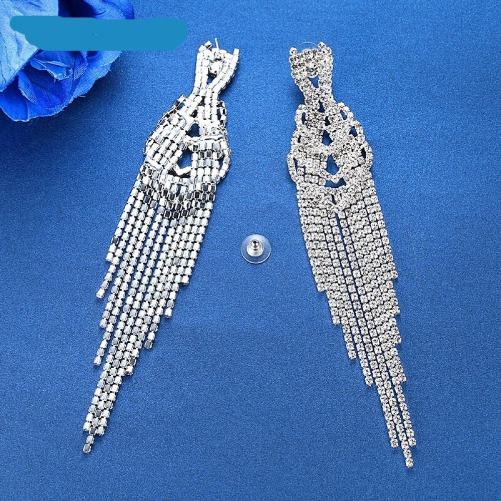 Silver Color Rhinestone Long Tassel, Hanging Earrings for Women, Super ...