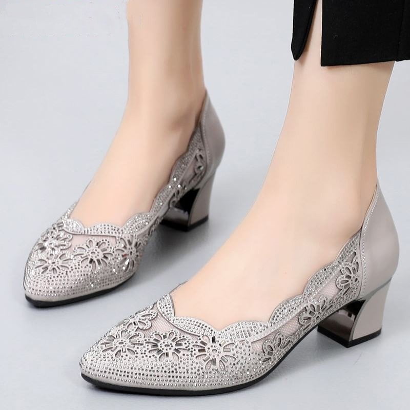 Summer Hollow Out Genuine Leather Pumps , Med Heels Square, Point Toe ...