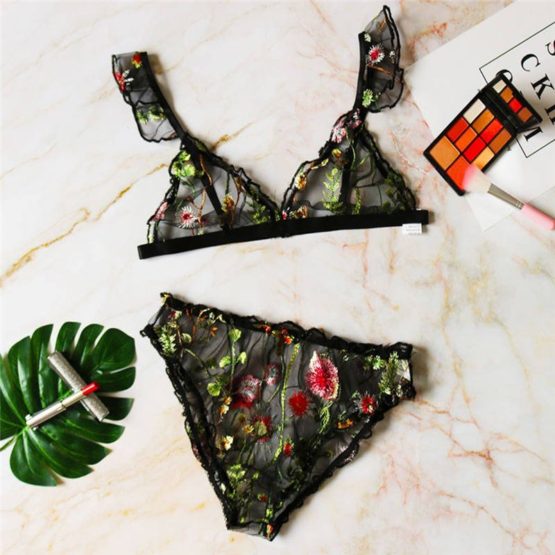 Lingerie Sexy Bra Set, Women Flower Embroidery Sling Lace Underwear ...