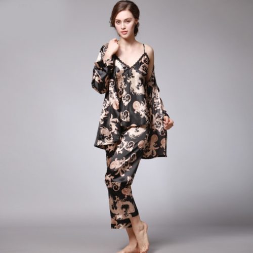 3 Pieces V-Neck Women Pajamas Set , Elegant Print Long Sleeve Pajamas ...