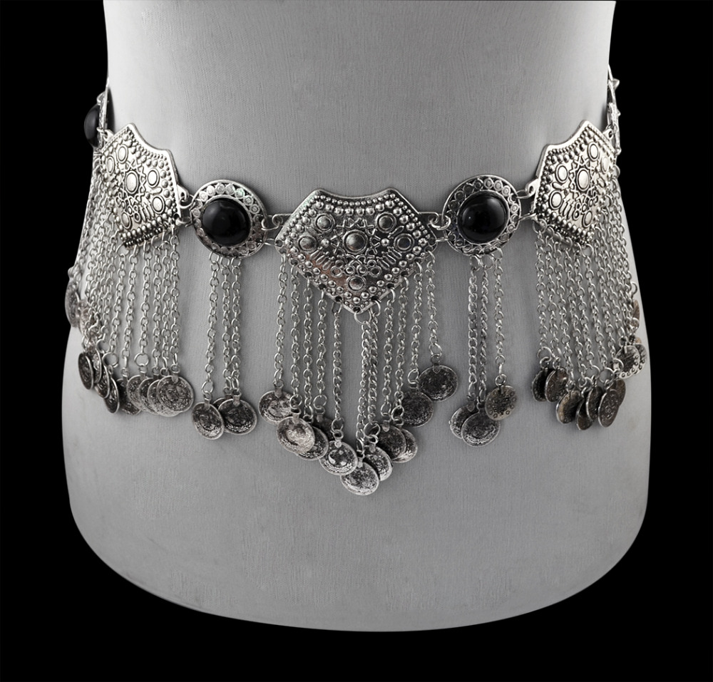 Gypsy Turkish Vintage Silver Coins Long Tassel Dance Belly Waist