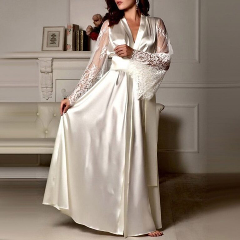 Female Lace Patchwork Long Bathrobes , Nightgown Soft Silk, Dressing ...